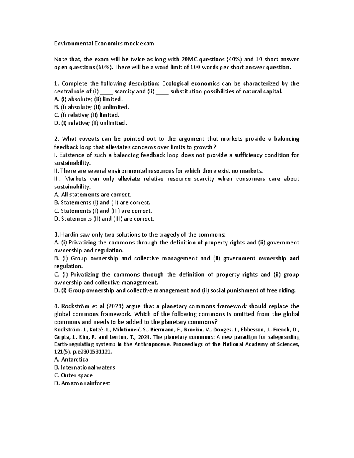 Mock Exam EE 2526 - Environmental Economics Practice Test - Studocu