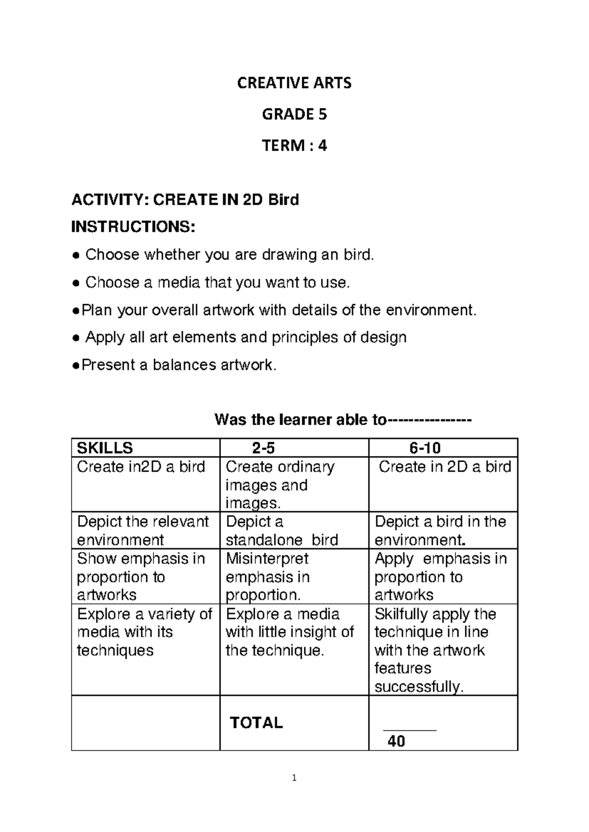Grade 5 Creative Arts Term 4: 2D & 3D Bird Projects - Studocu