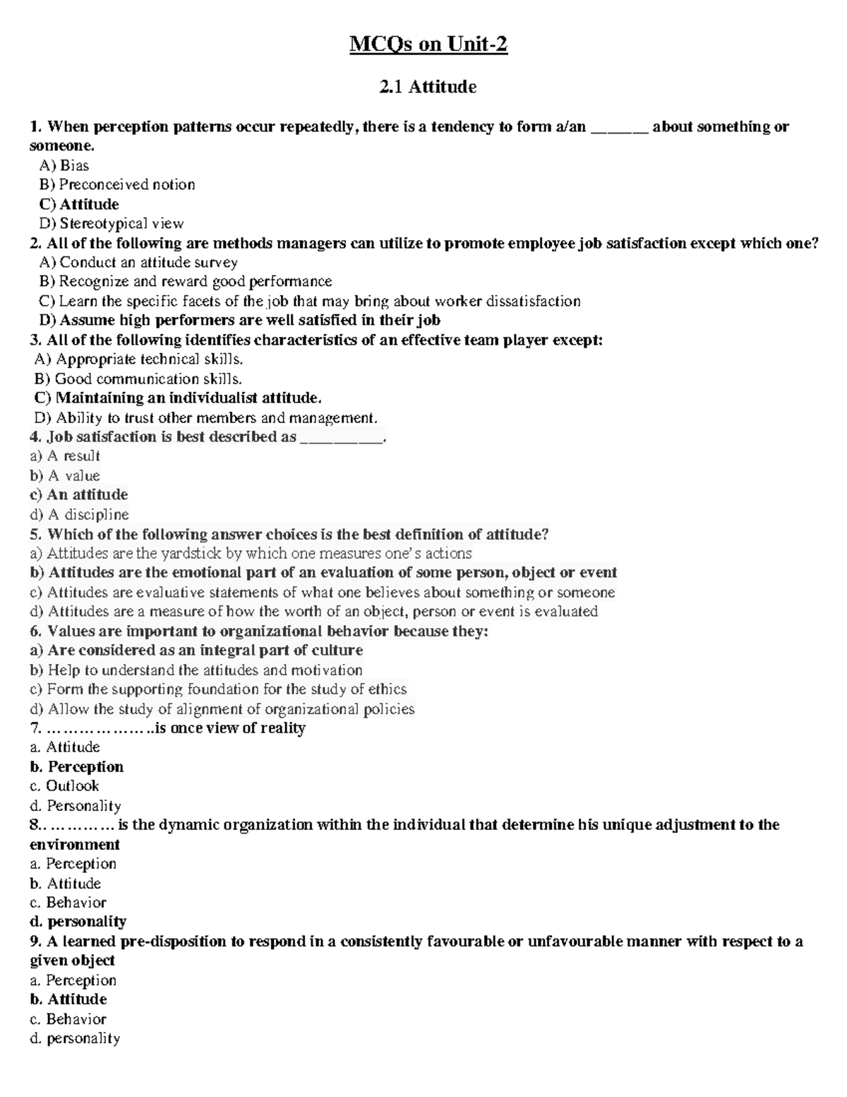 MCQ Questions on Unit-2: Attitude, Personality, Perception, and ...