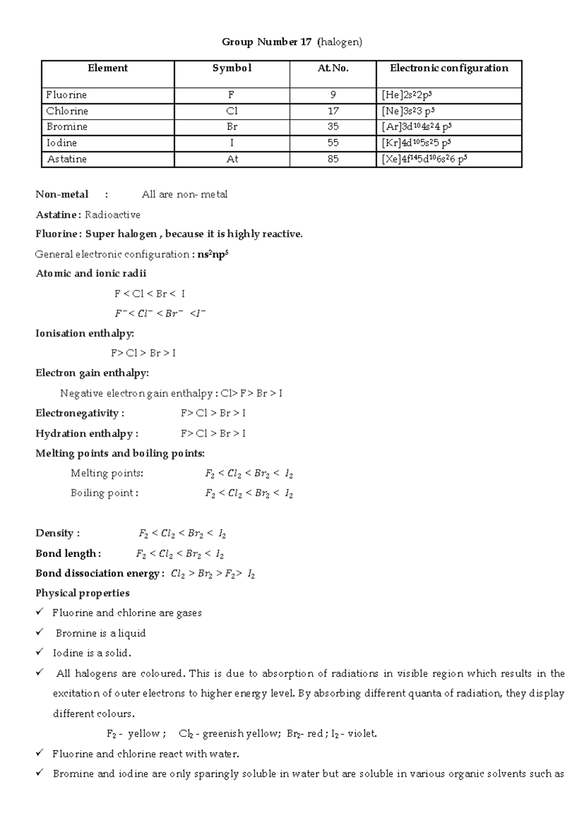 P block 17 group( halogen) JEE short notes - Group Number 1 7 (halogen ...
