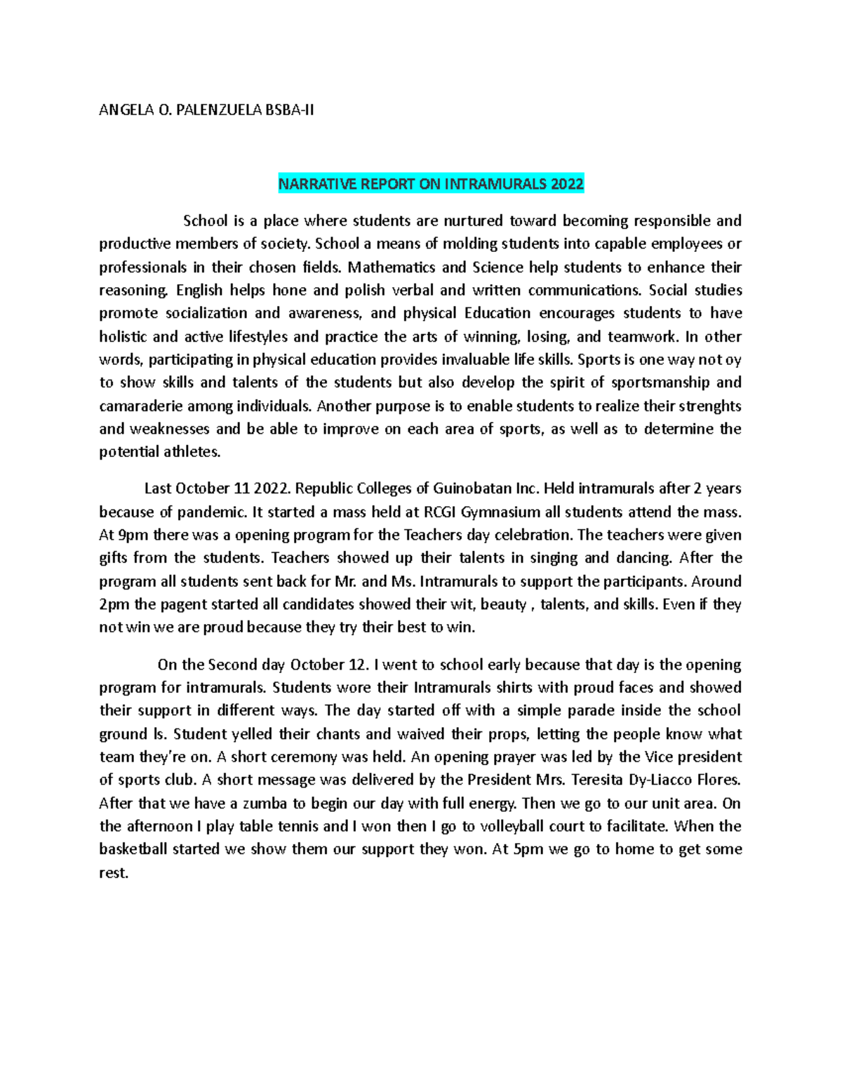 Narrative Report on Intramurals 2022 - BSBA-II - Studocu