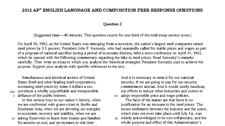 2012 AP English Language Rhetorical Analysis: JFK's Price Hike Speech ...