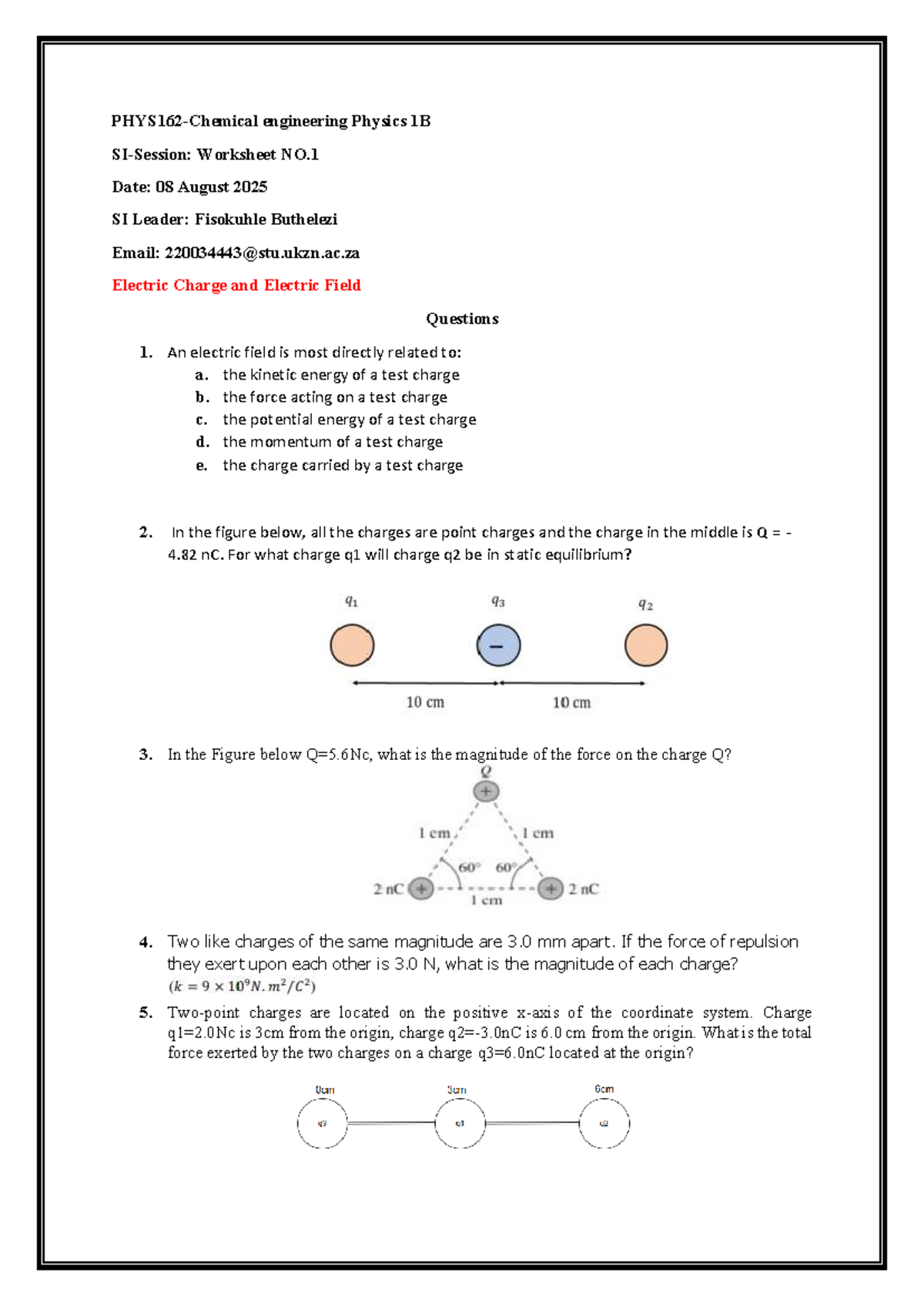 Engineering Physics 1B Worksheet No. 1: Electric Charge & Field ...