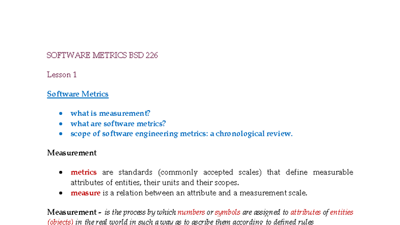 BSD 226 Lesson 1: Introduction to Software Metrics and Measurement - Studocu