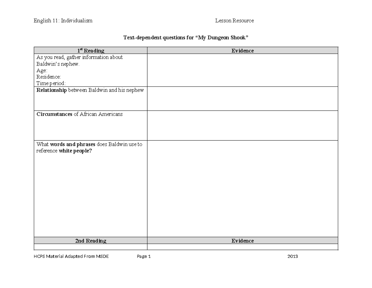 My Dungeon Shook -Chart - Text-dependent questions for “My Dungeon ...