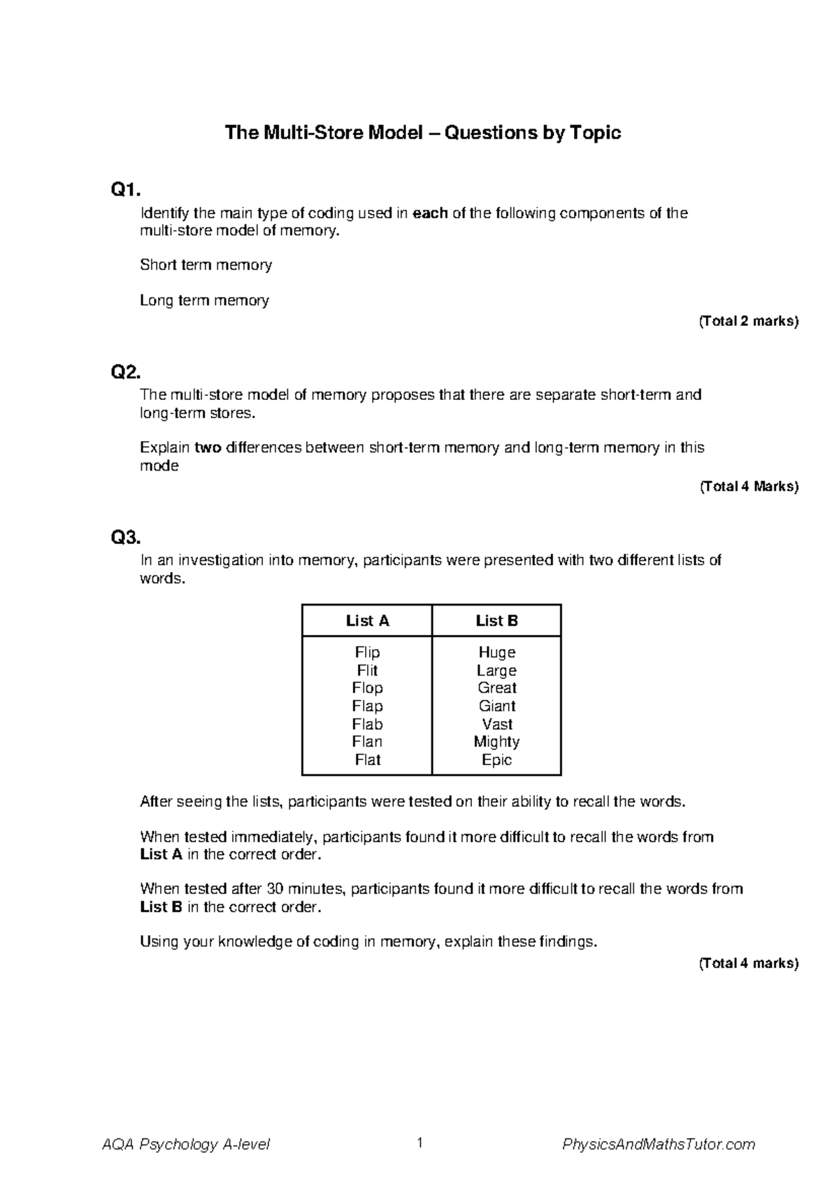 The Multi-Store Model of Memory - Practice Questions (AQA Psychology ...