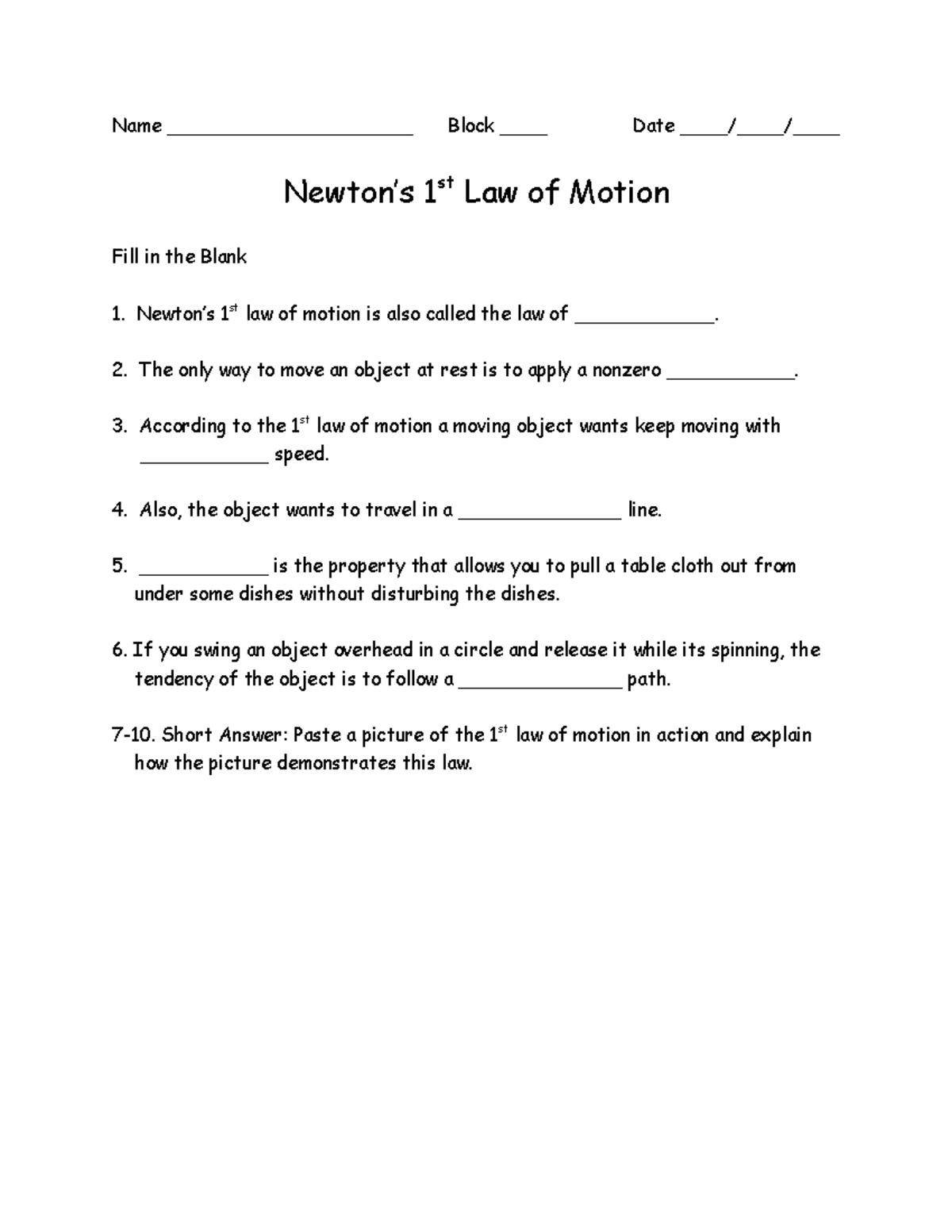 1st Law of Motion Worksheet - Name _____________________ Block ...