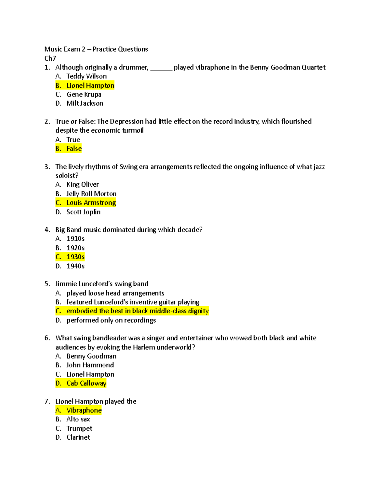 Music Exam 2 - Practice Questions Guide for Jazz History - Studocu