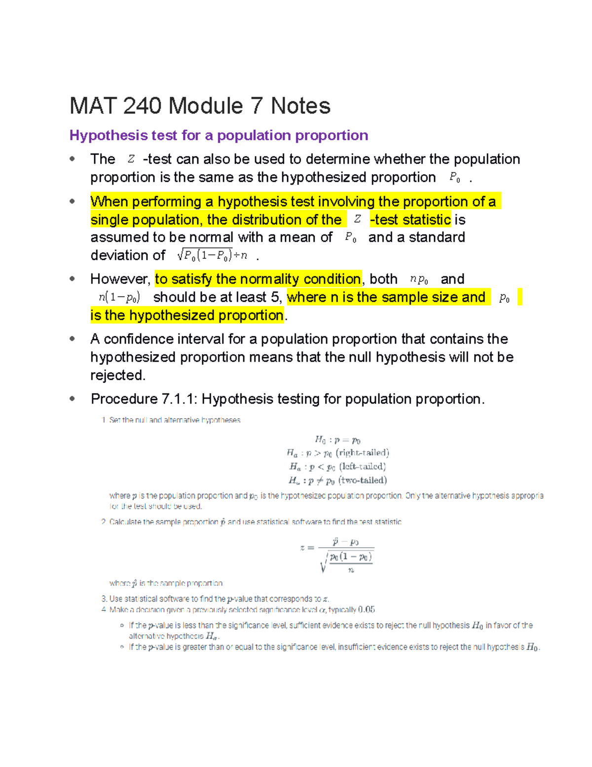 MAT 240 module seven notes - MAT 240 Module 7 Notes Hypothesis test for ...