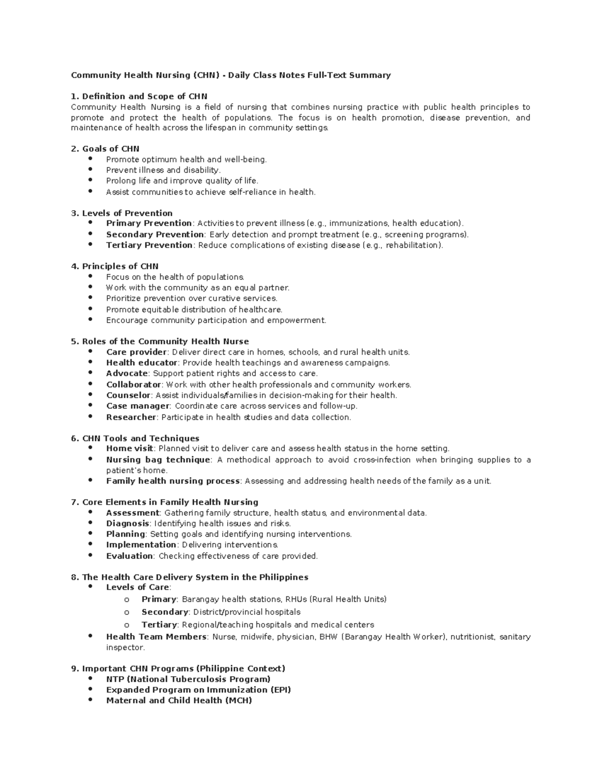 Community Health Nursing (CHN) Daily Class Notes Summary - Studocu