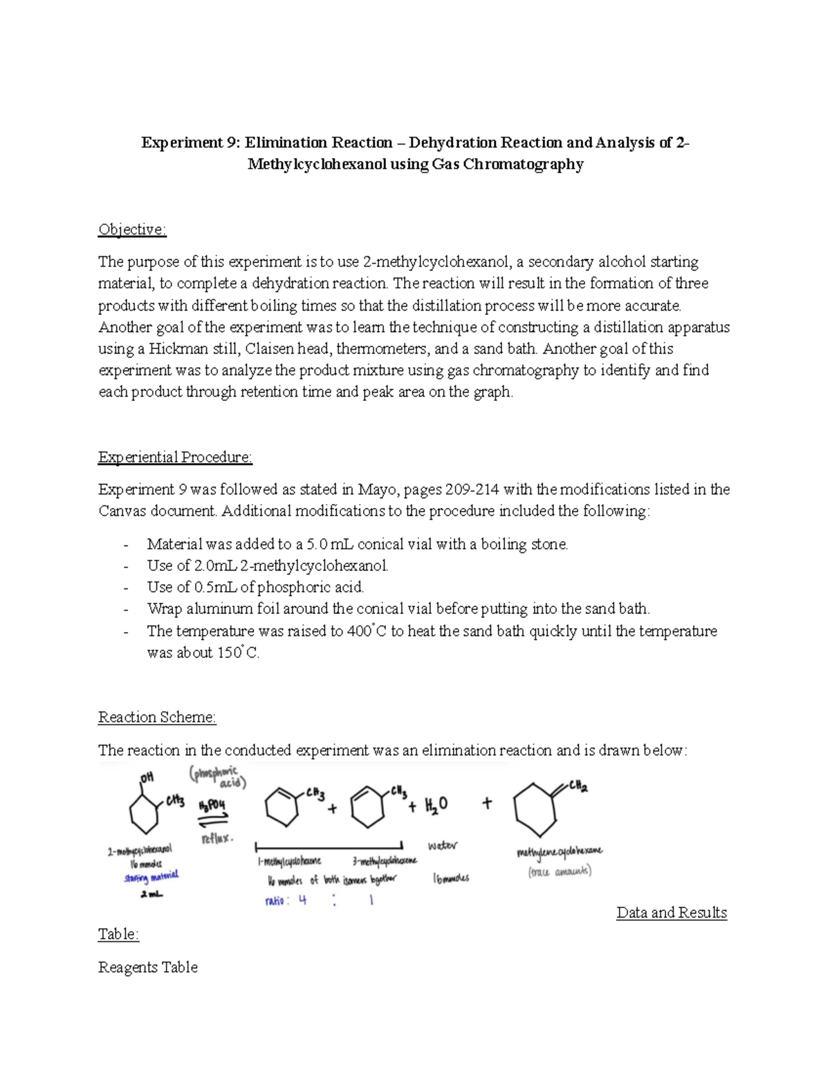 Experiment 9: E1 Elimination & GC Analysis of 2-Methylcyclohexanol ...
