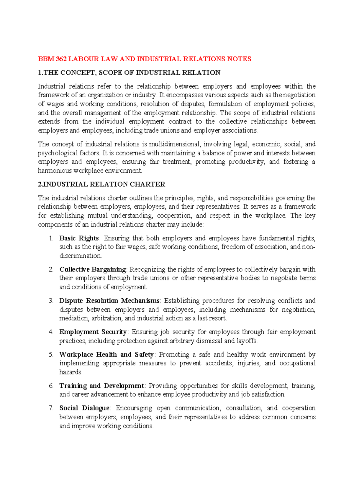 BBM 362 Labour Law & Industrial Relations Comprehensive Study Notes ...