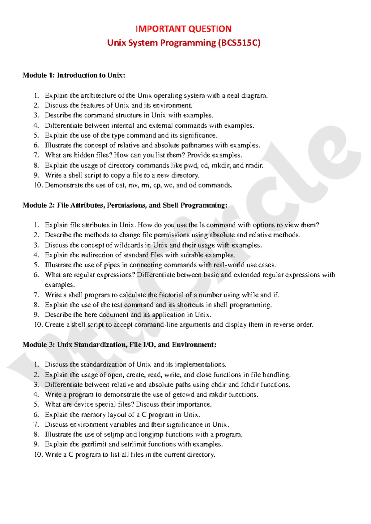 Unix System Programming (BCS515C) Key Questions and Concepts - Studocu