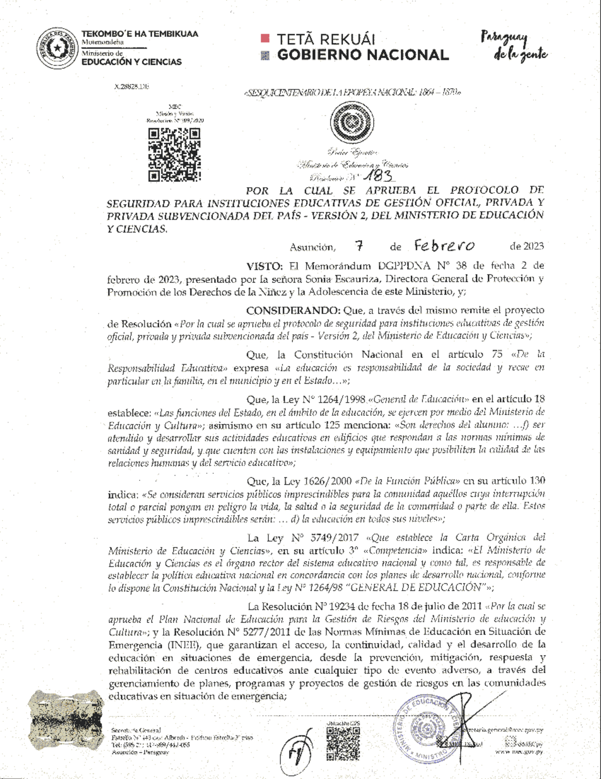 Protocolo de Seguridad para Instituciones Educativas - Res. MEC N° 183 ...