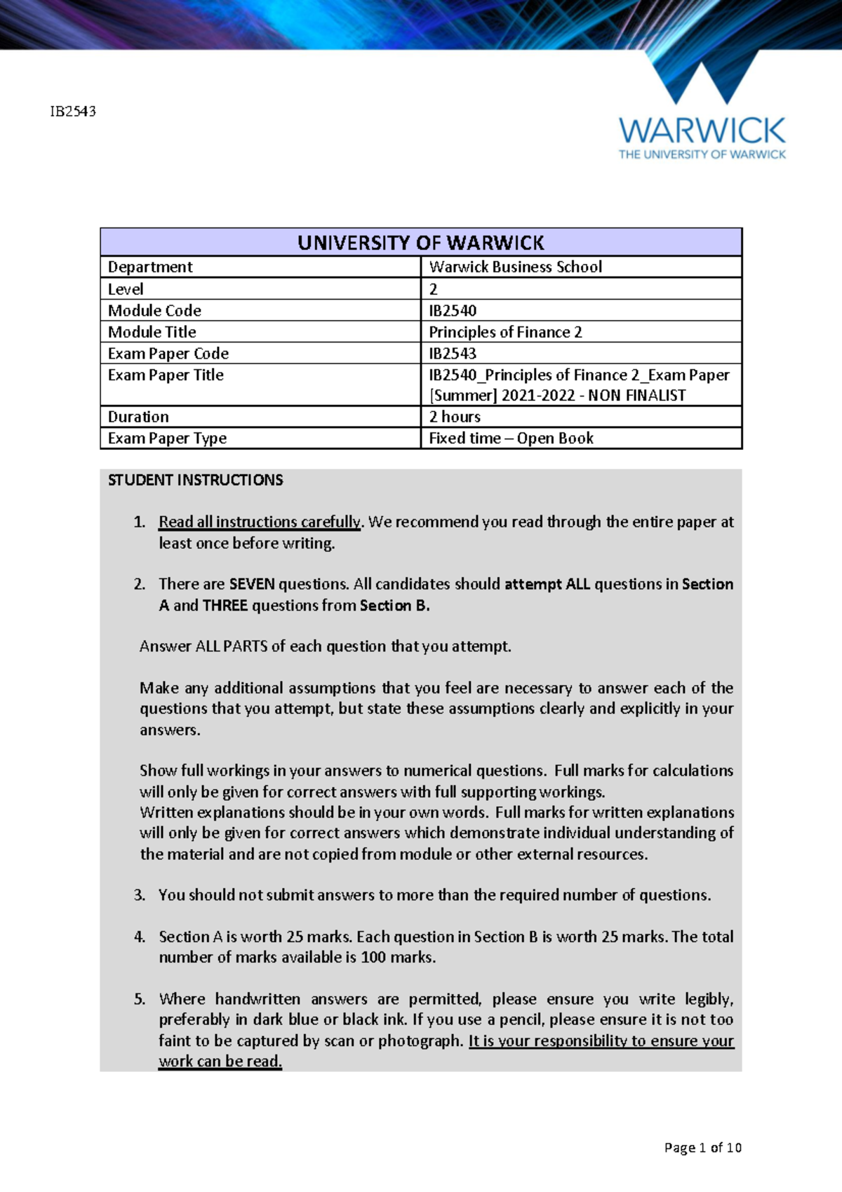 IB2543 Principles of Finance 2 Exam Paper - Student Instructions ...