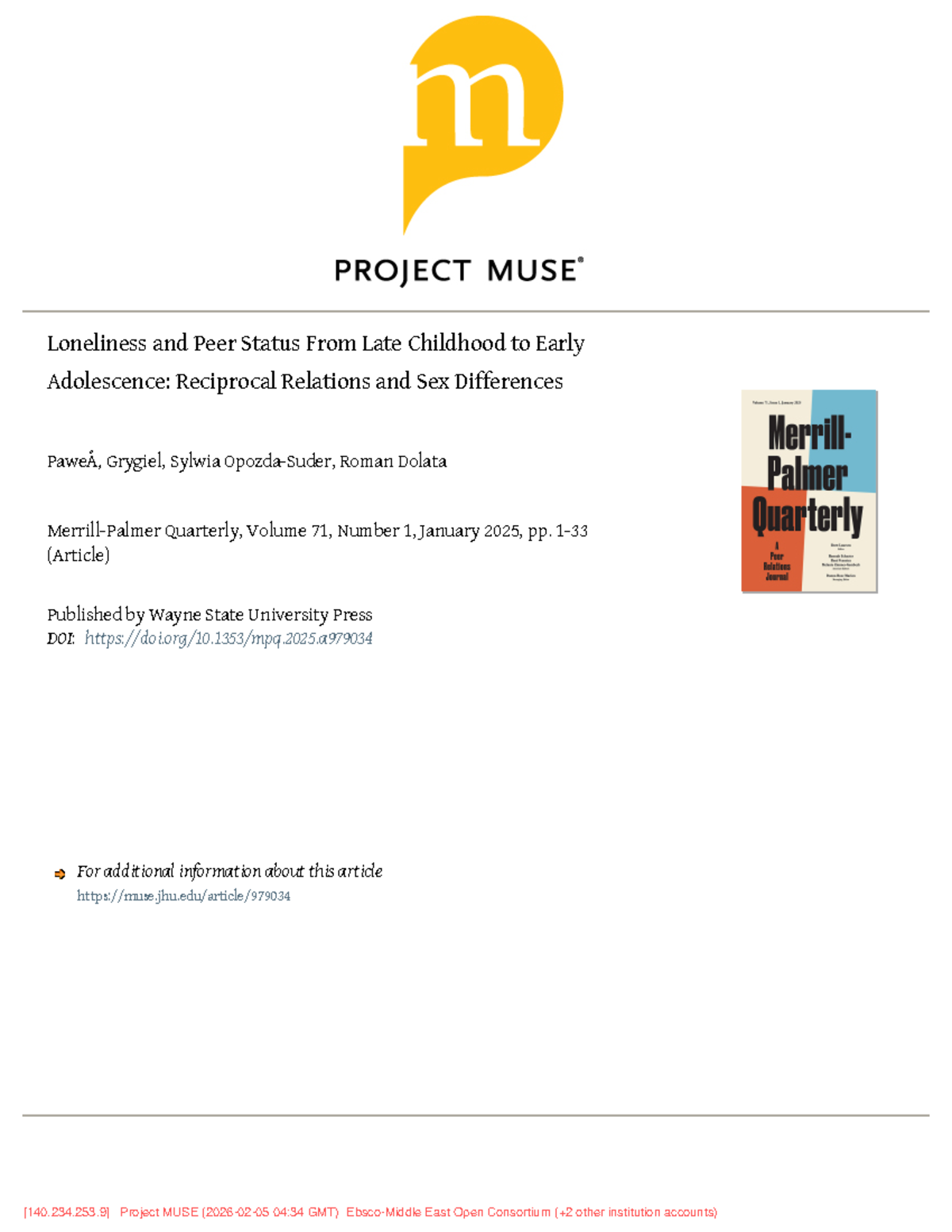 Loneliness and Peer Status in Adolescence: A Longitudinal Study (PSY ...
