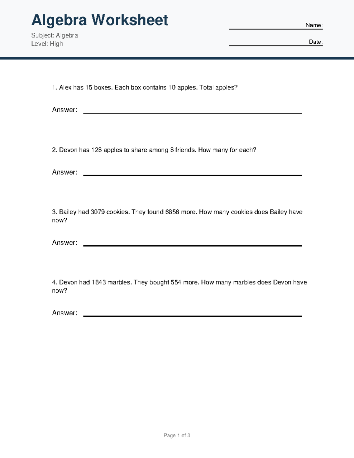 Algebra Worksheet 5 - High Level Practice Problems - Studocu