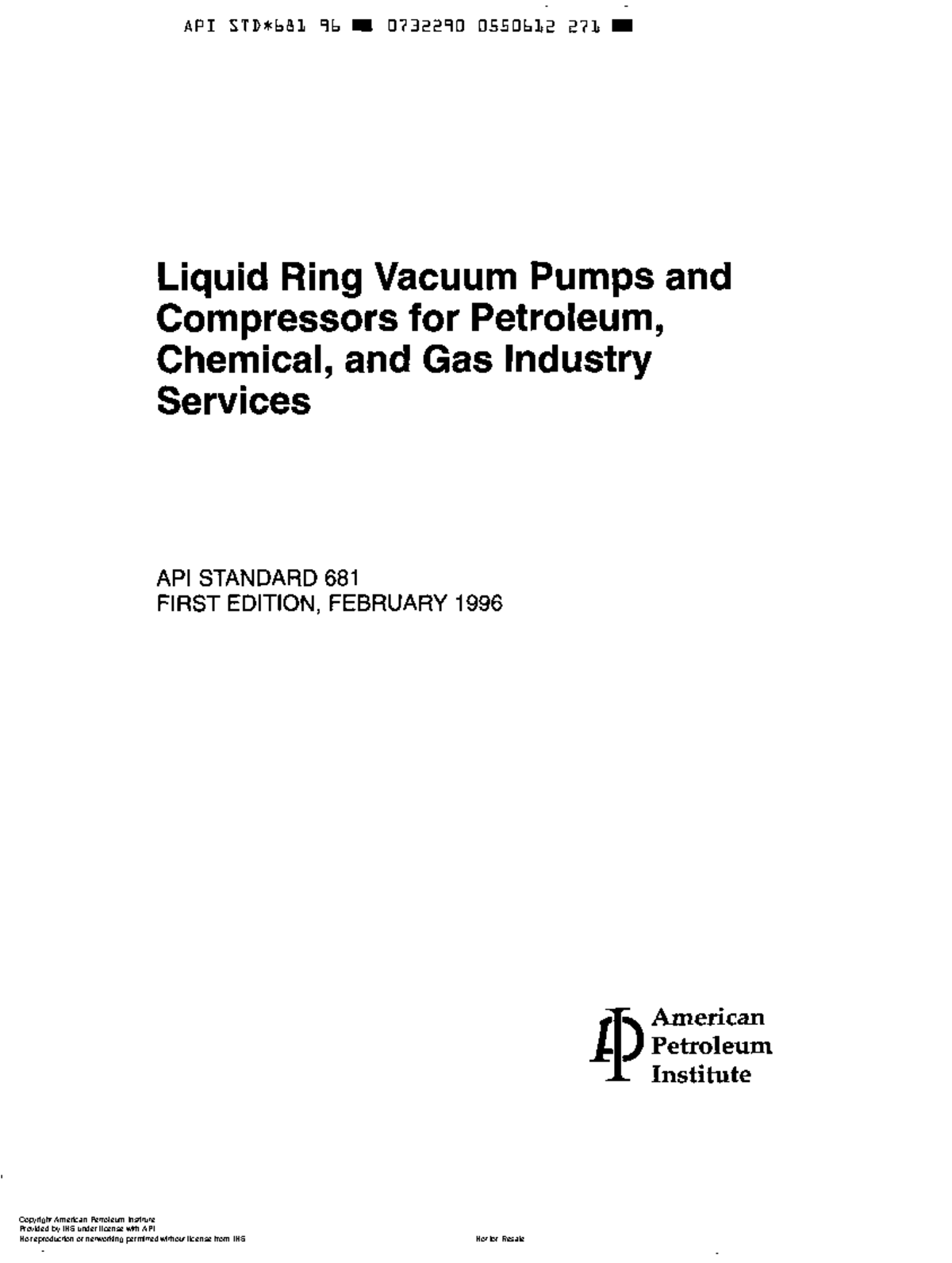 API 681 Liquid Ring Vacuum Pumps & Compressors - 1st Edition 1996 - Studocu