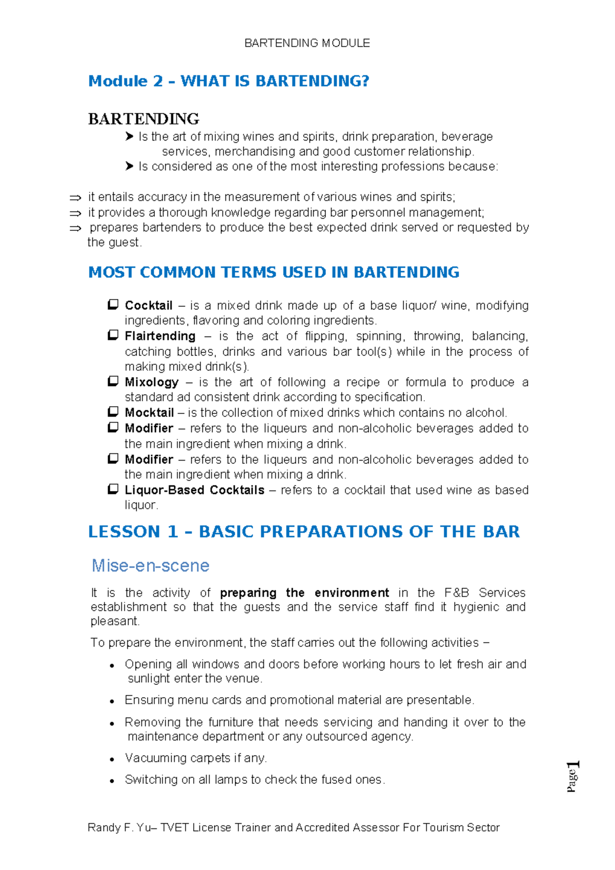 Module 2: Understanding Bartending Basics and Preparations - Studocu