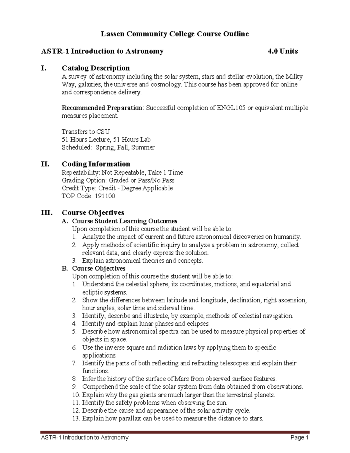 ASTR 1 Introduction to Astronomy Course Outline and Objectives - Studocu