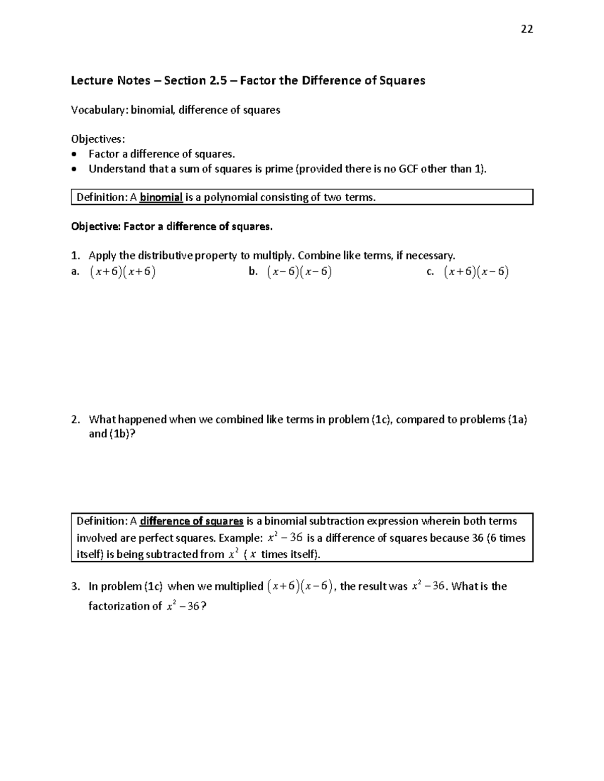M1105C 2.5 LN Factor the Difference of Squares W PG NUMS - Lecture ...