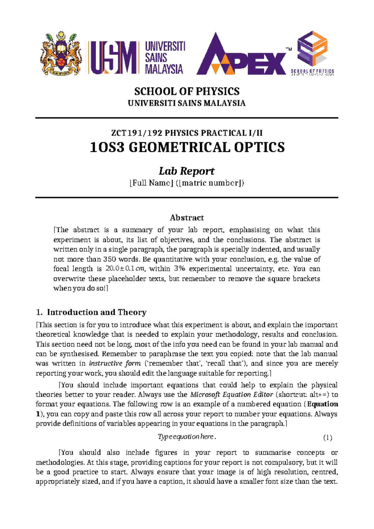1OS3 Geometrical Optics Lab Report Template - Studocu