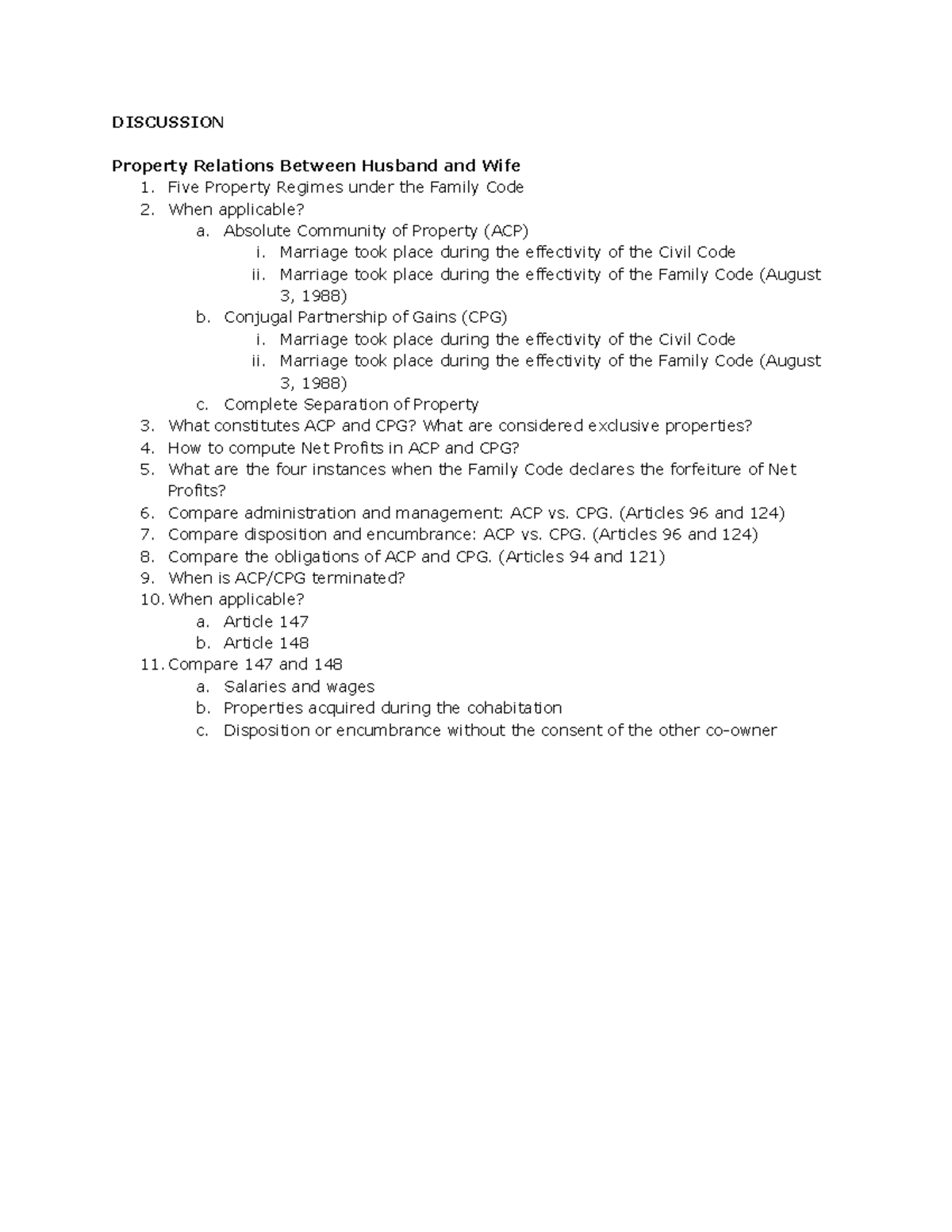 Property Relations Between Husband and Wife: A Discussion Guide - Studocu