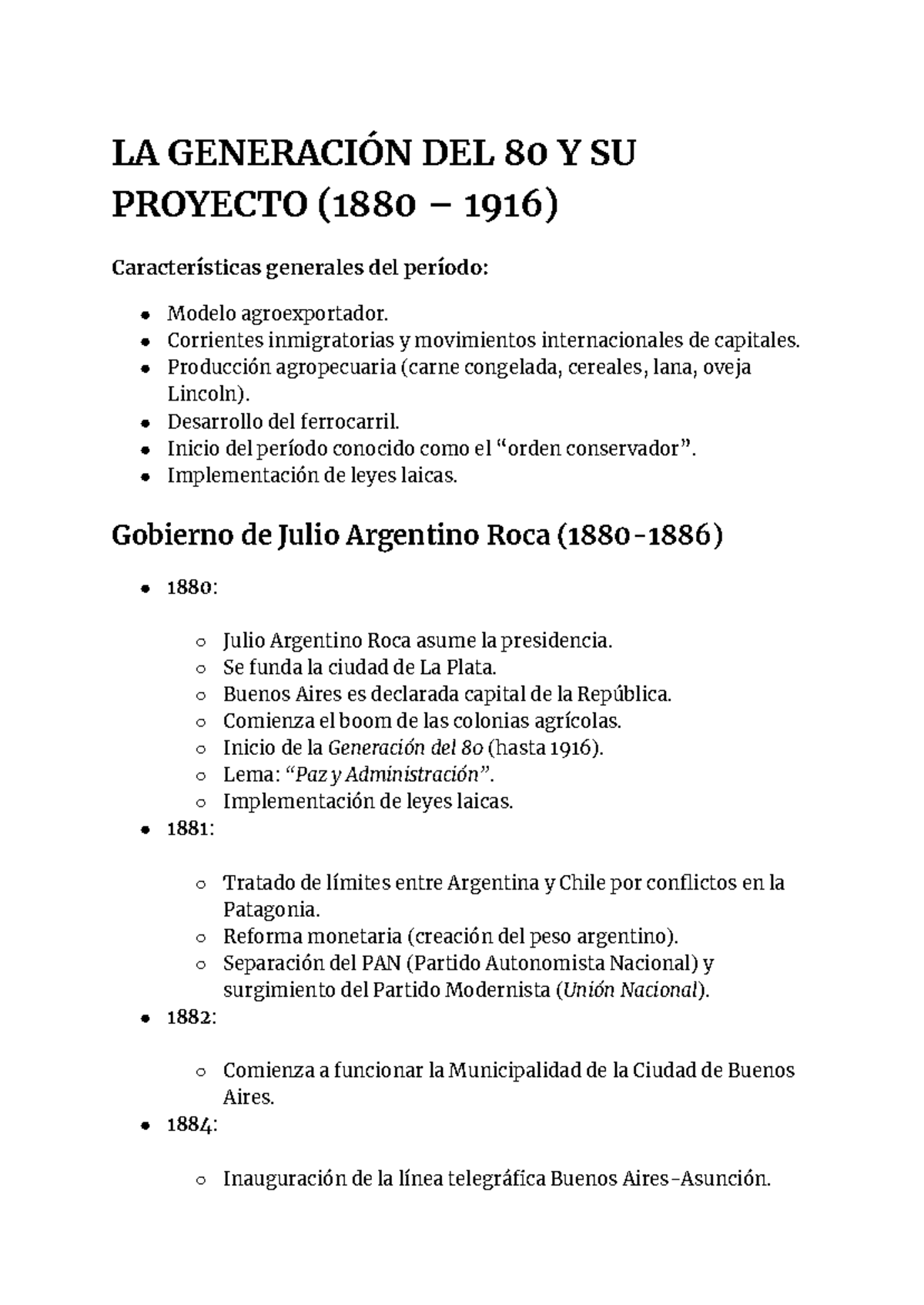 La Generación del 80: Proyecto y Características (1880-1916) - Studocu