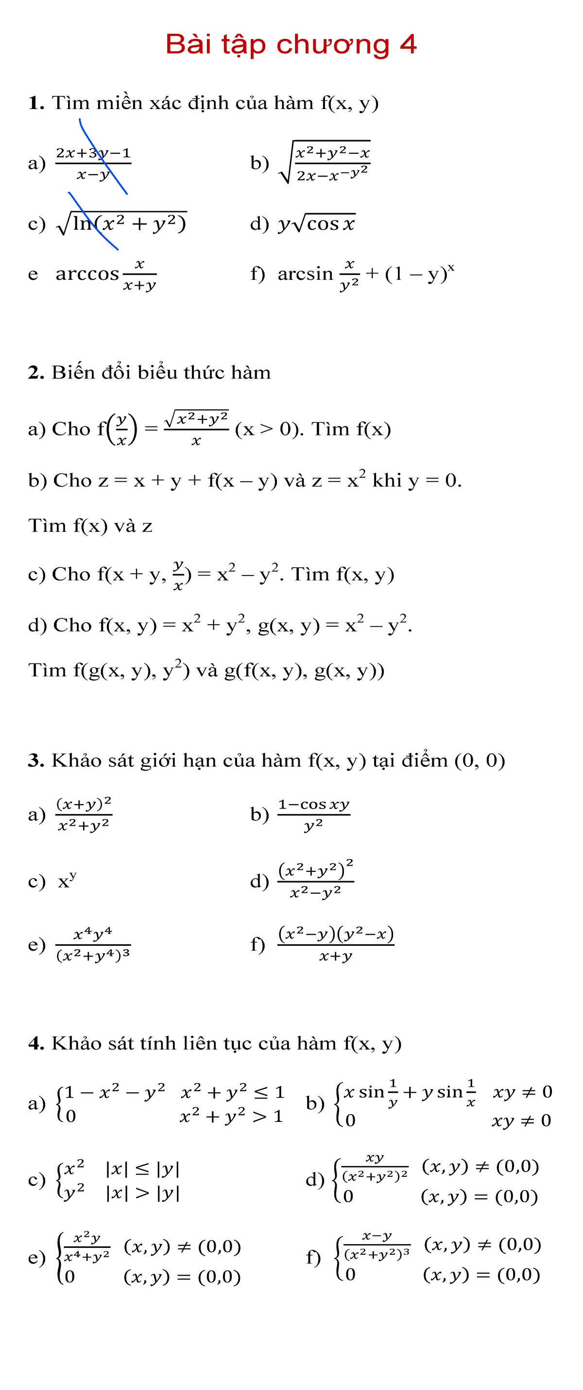 BT GT1 4 - êfe - Bài tập chương 4 Tìm miền xác định của hàm f(x, y) a) b) c) ln( + ) d) √cos e ...