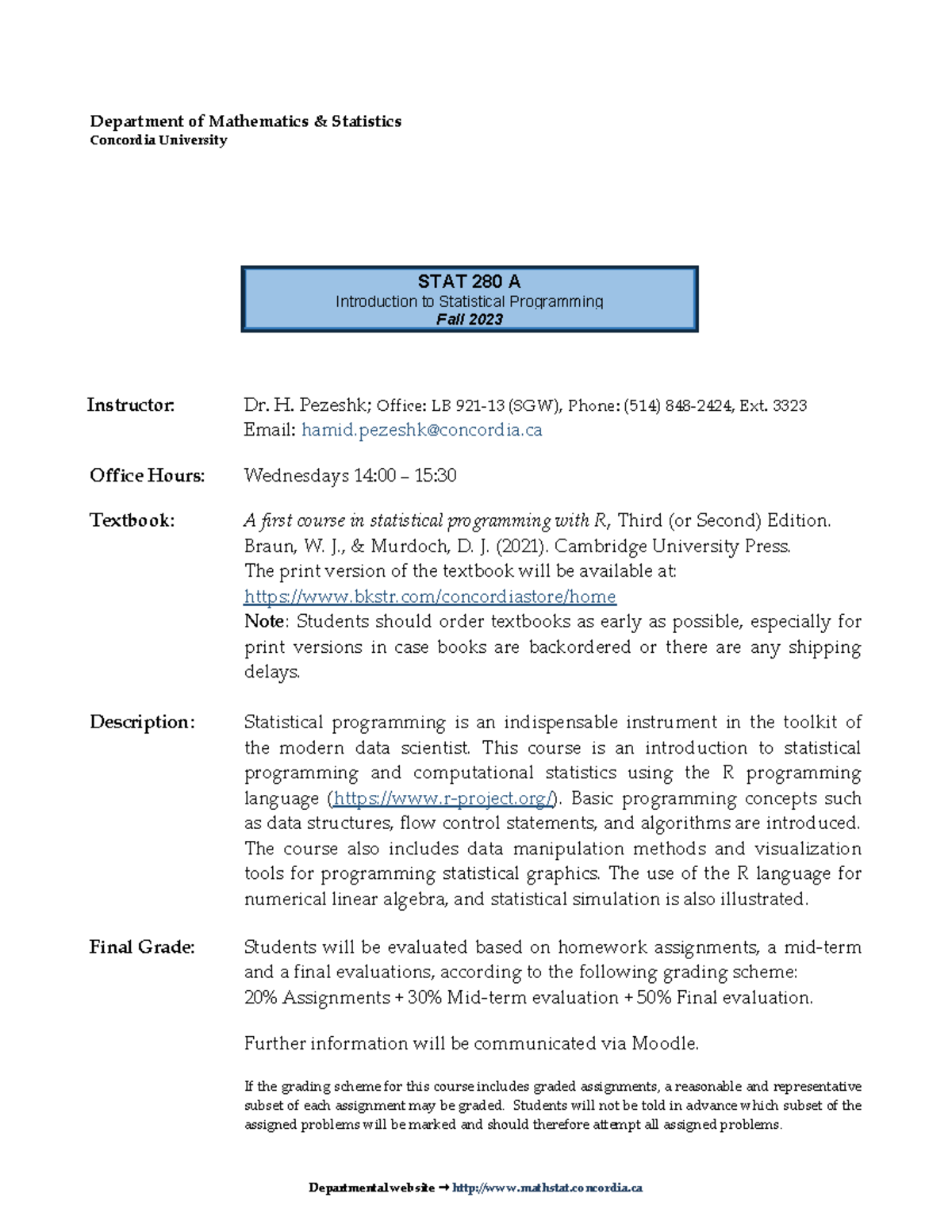 STAT 280 - Fall 2023 Course Outline for Statistical Programming - Studocu