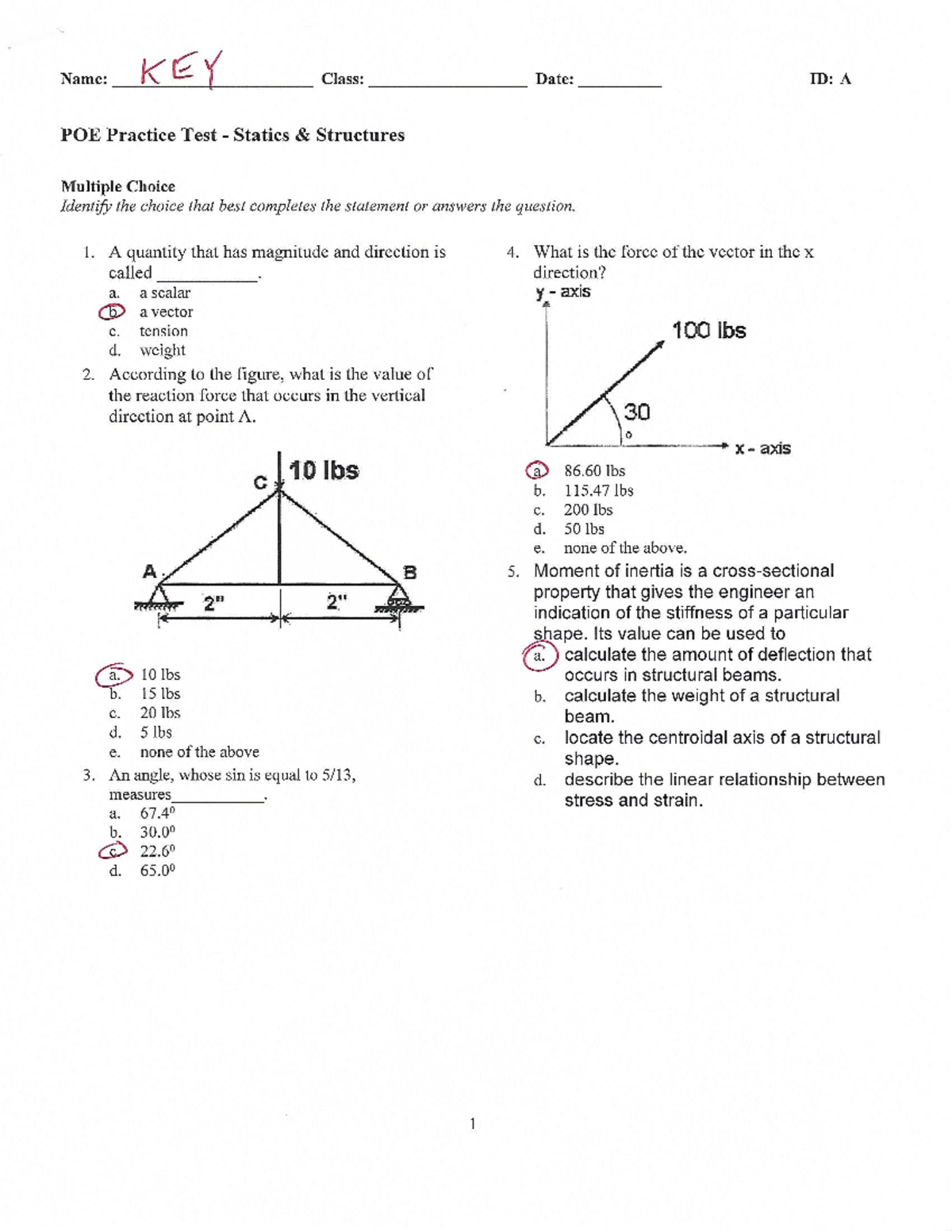 Statics and Structures Practice Test Answer Key (Course Code: POE ...