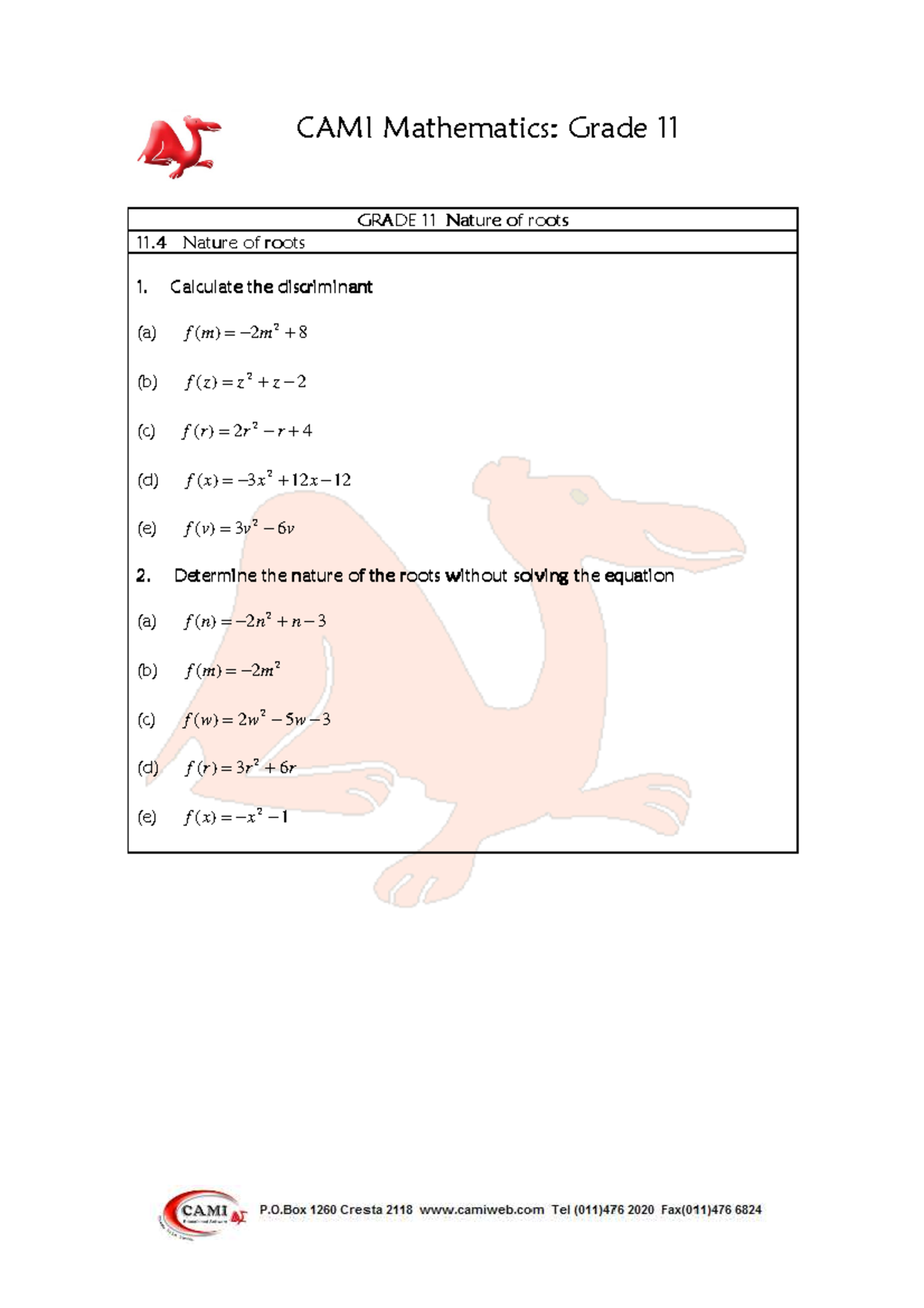 Grade 11 Algebra: Nature of Roots Analysis and Problem Solving - Studocu