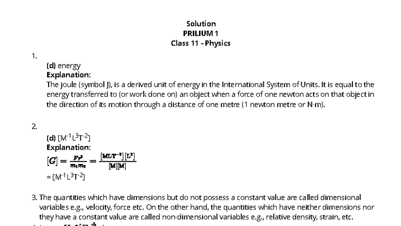Solution PRILIUM 1 Class 11 Physics Energy & Dimensional Analysis - Studocu