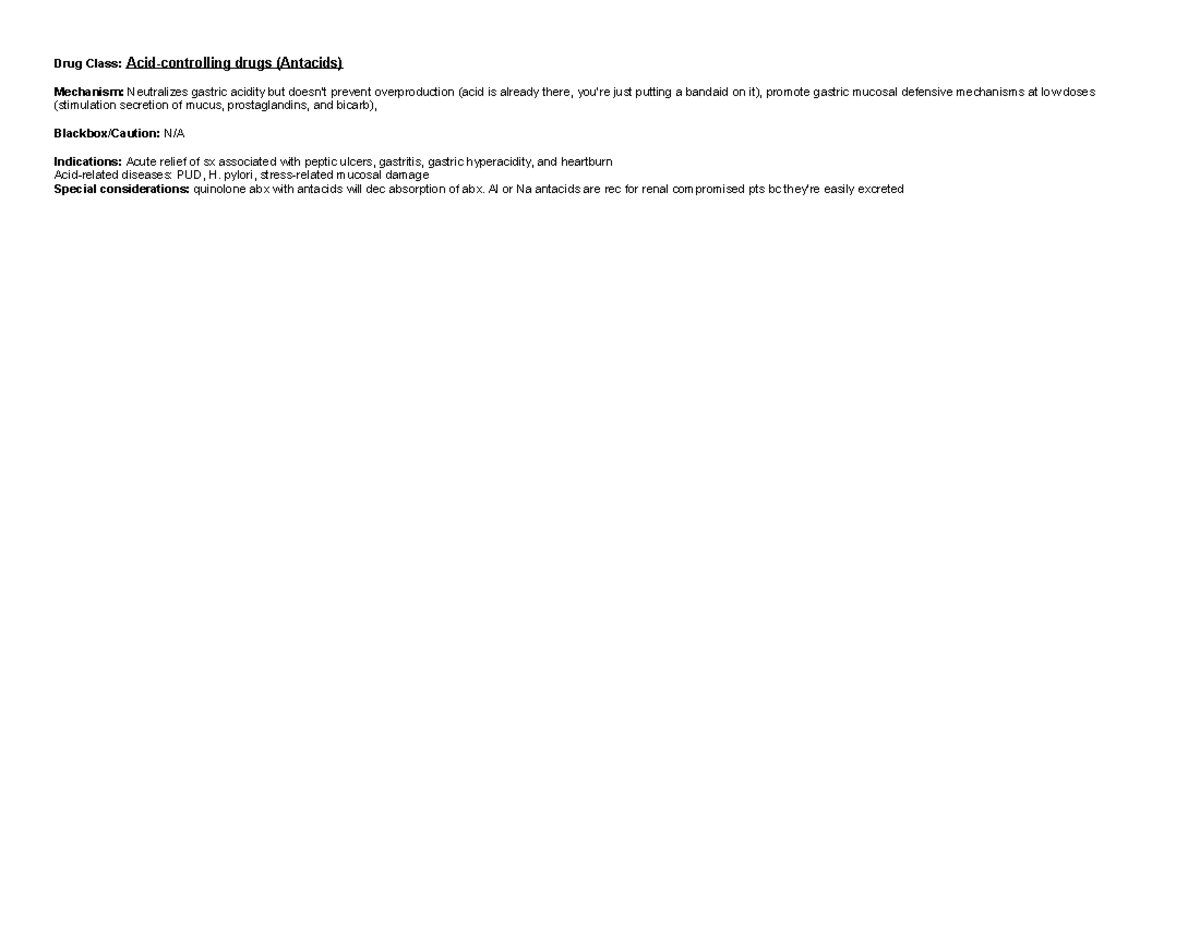 Antacid Drug Chart - Lecture Notes on GI Meds (Acid-Controlling Drugs ...