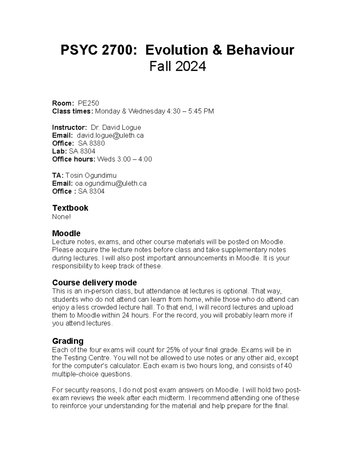 PSYC 2700: Evolution & Behavior Syllabus Fall 2024 - Studocu