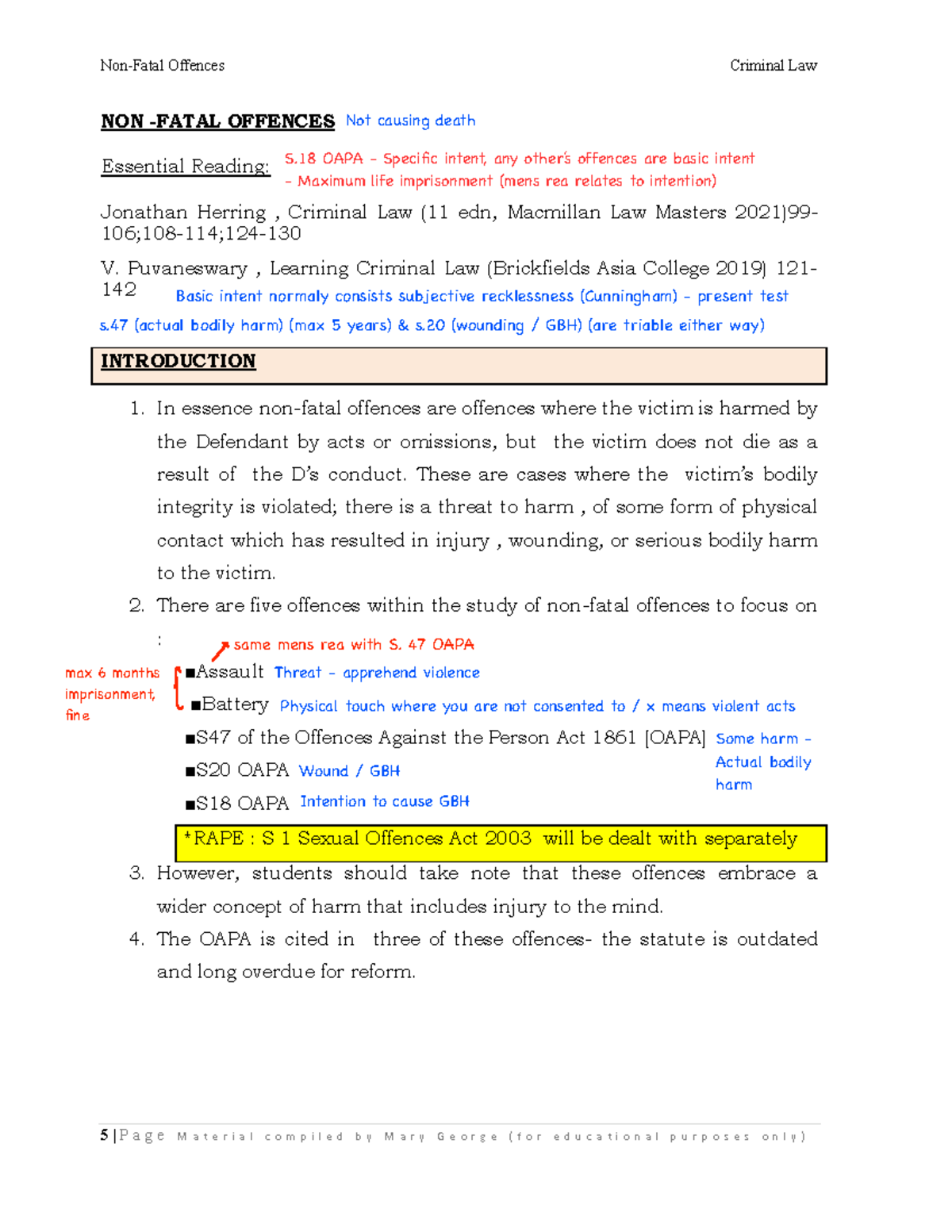 OAPA 1861: Key Offences and Legal Principles Lecture Notes - Studocu