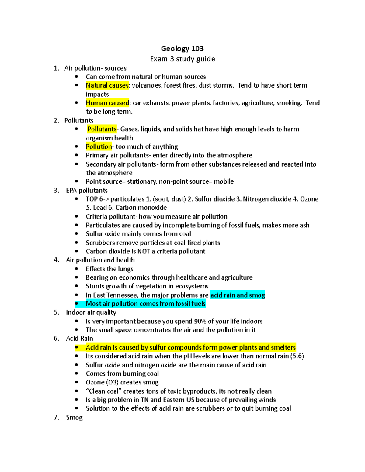 Geology 103 Exam 3 Study Guide: Air Pollution & Environmental Impact ...