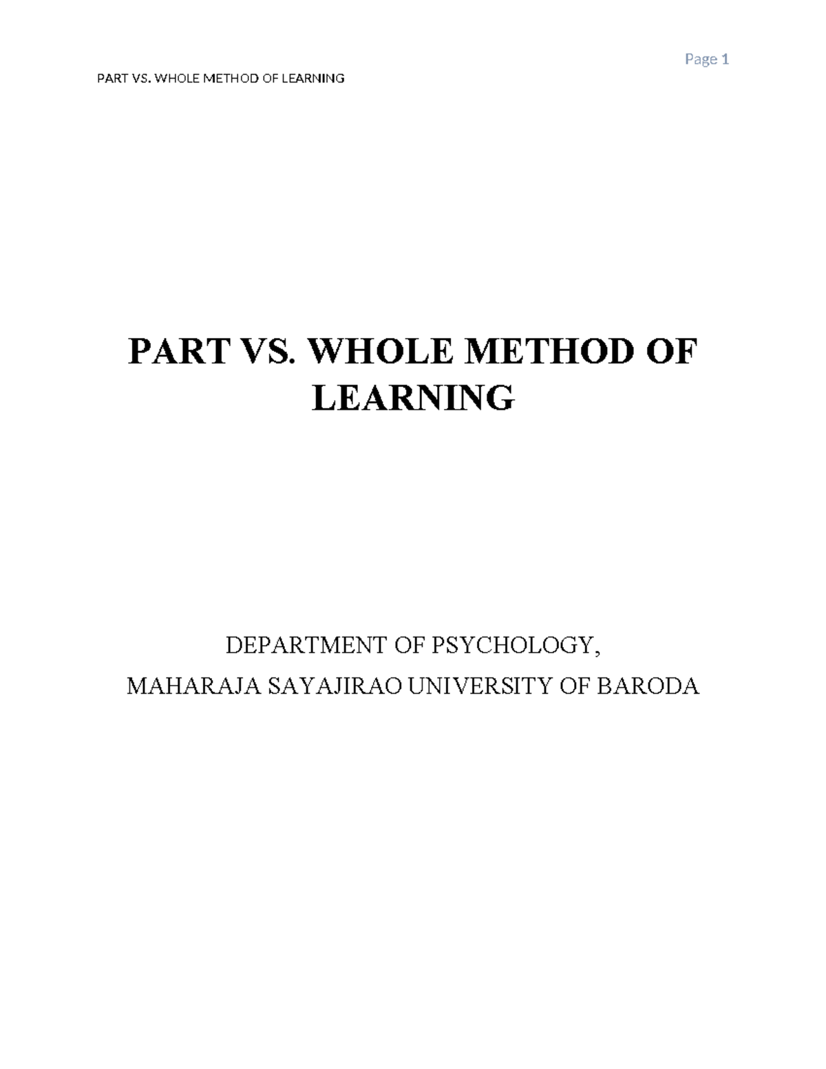 Part vs. whole exp 1 - PART VS. WHOLE METHOD OF LEARNING PART VS. WHOLE ...