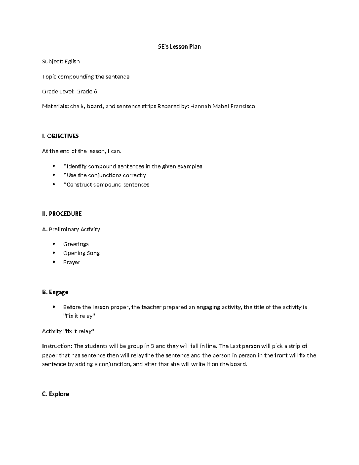 6th Grade English Lesson Plan: Compounding Sentences - Studocu
