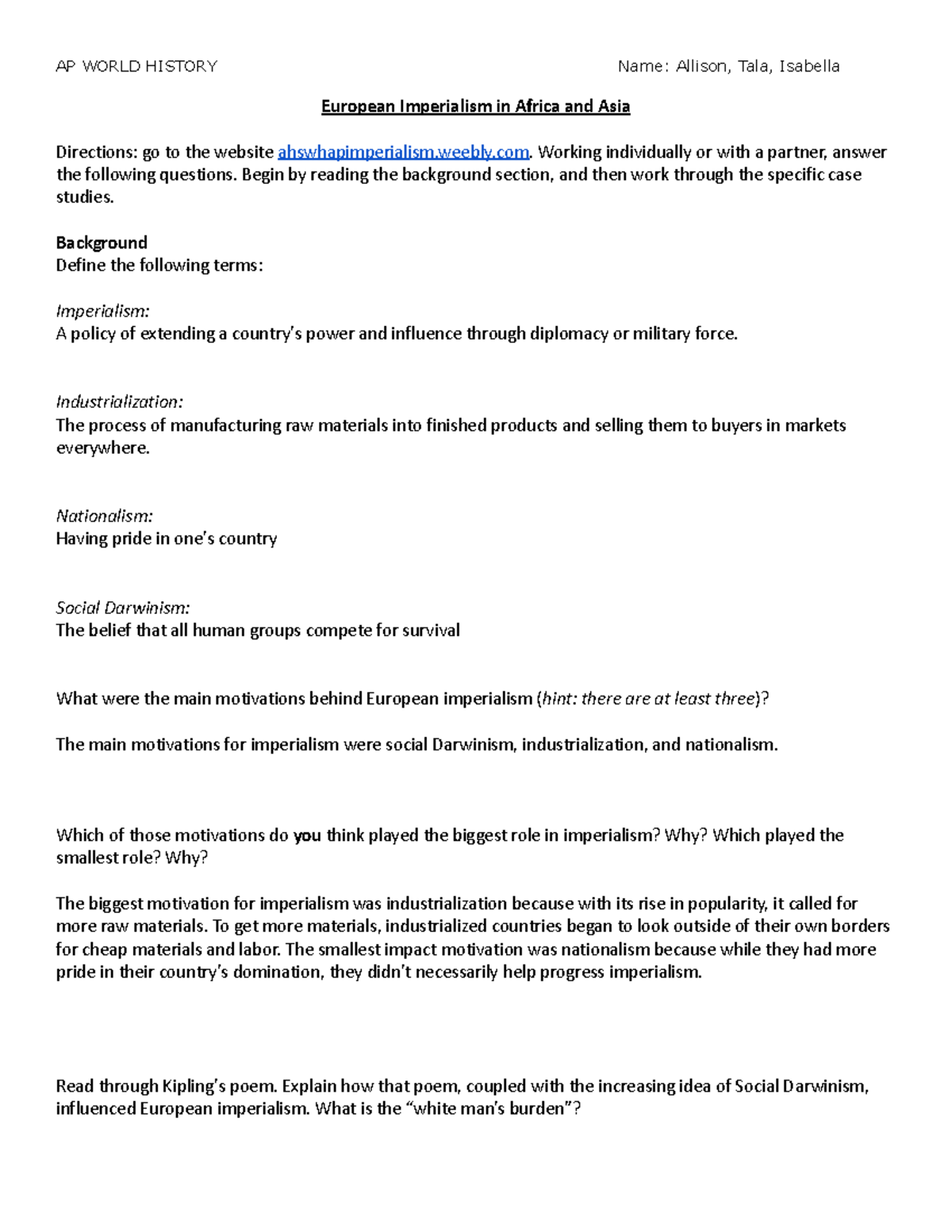 Copy of 6.1,6.2 Imperialism Webquest - European Imperialism in Africa ...