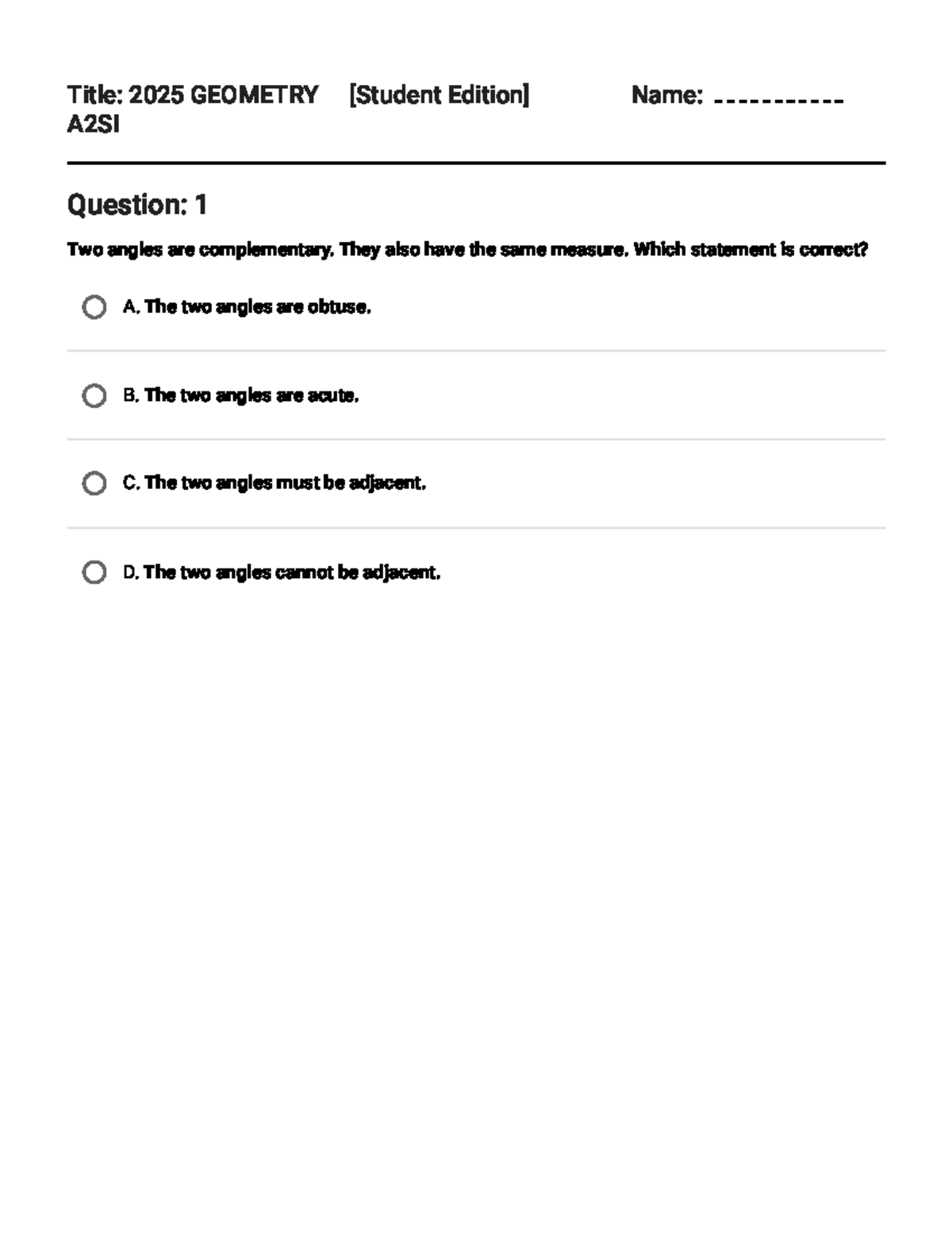 Geometry Assessment Questions - 2025 A2SI Student Edition - Studocu