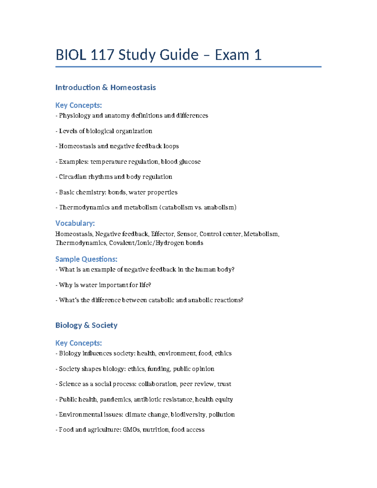 BIOL 117 Study Guide: Exam 1 Key Concepts & Sample Qs - Studocu