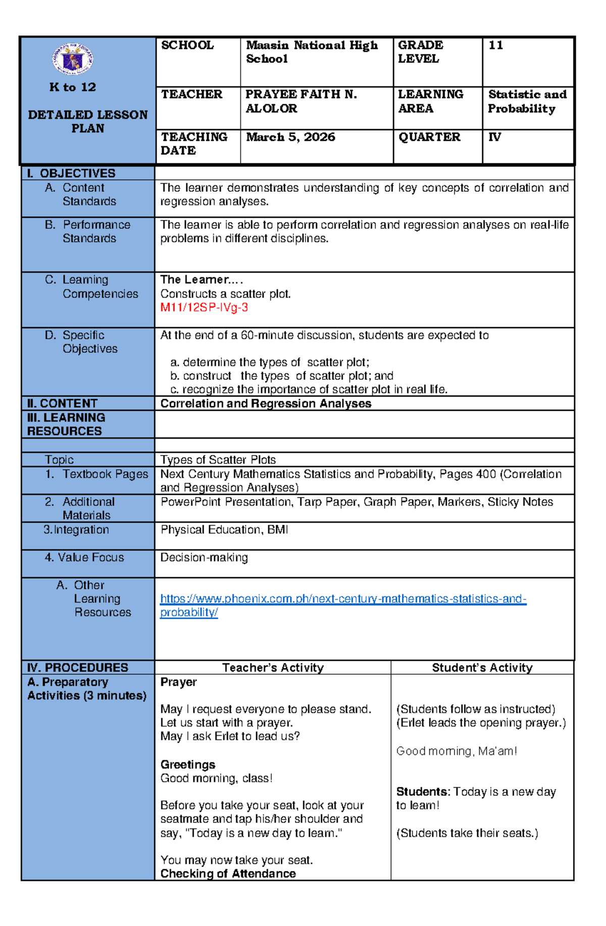 K to 12 DETAILED LESSON PLAN: Correlation & Regression (Grade 11) - Studocu