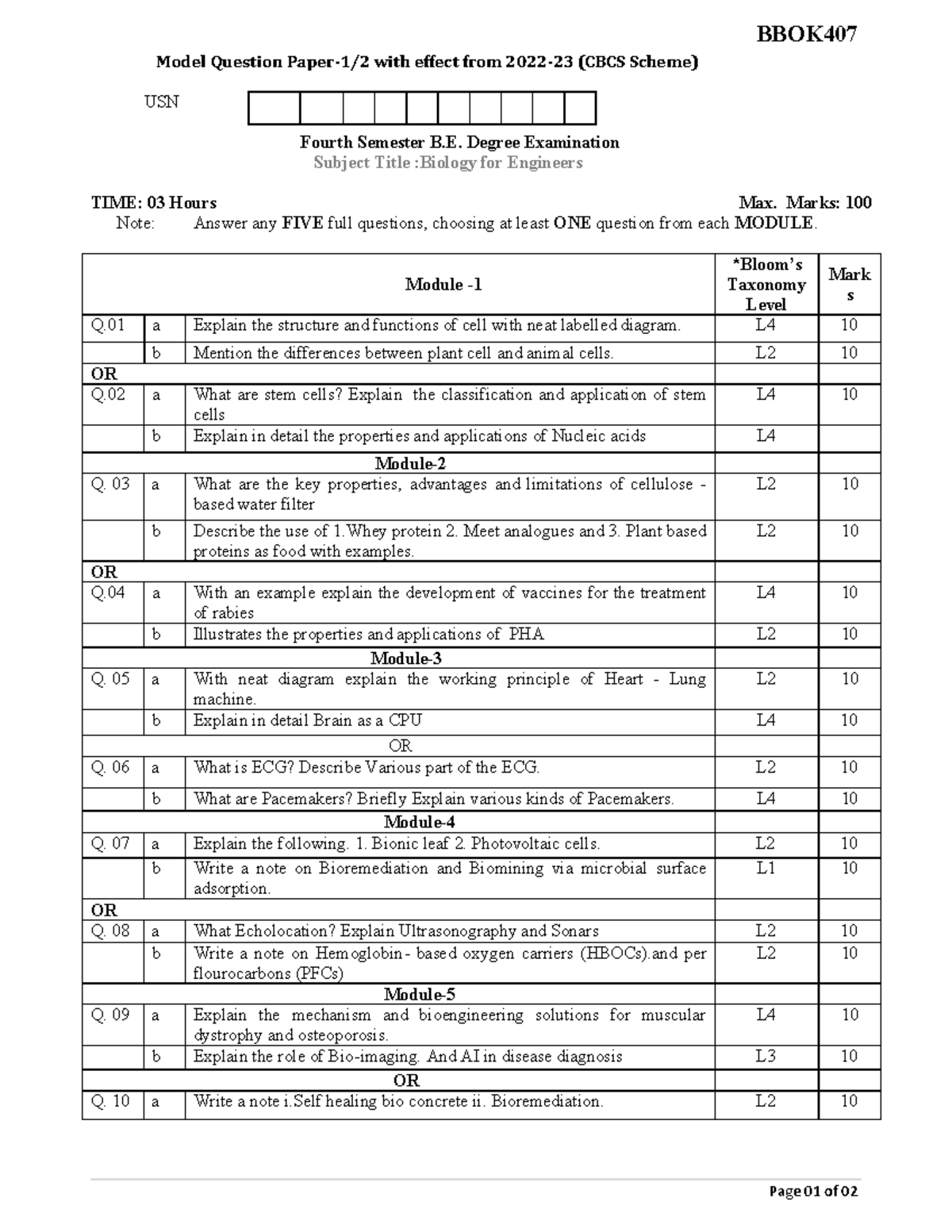 BBOK407 Model Question Paper for Biology for Engineers - MQP 2022-23 ...