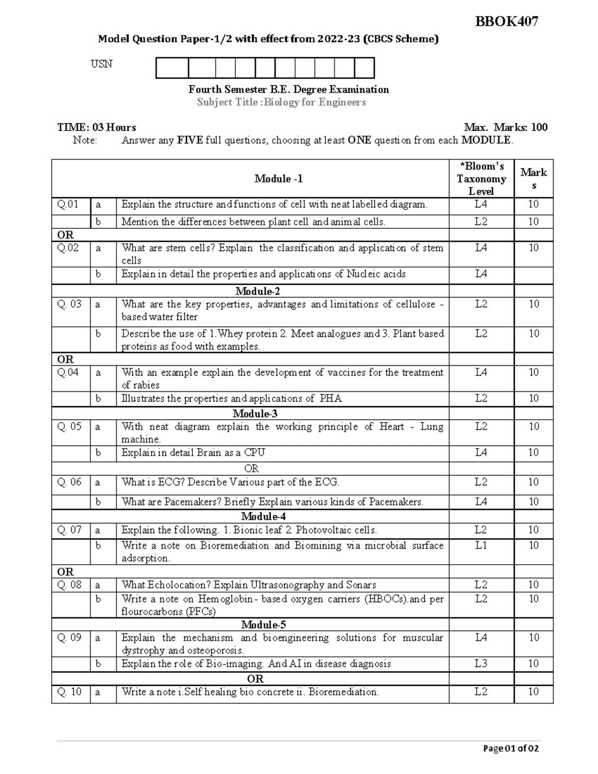 BBOC407 - Biology for Engineers Course Handout and Assessment Guide ...