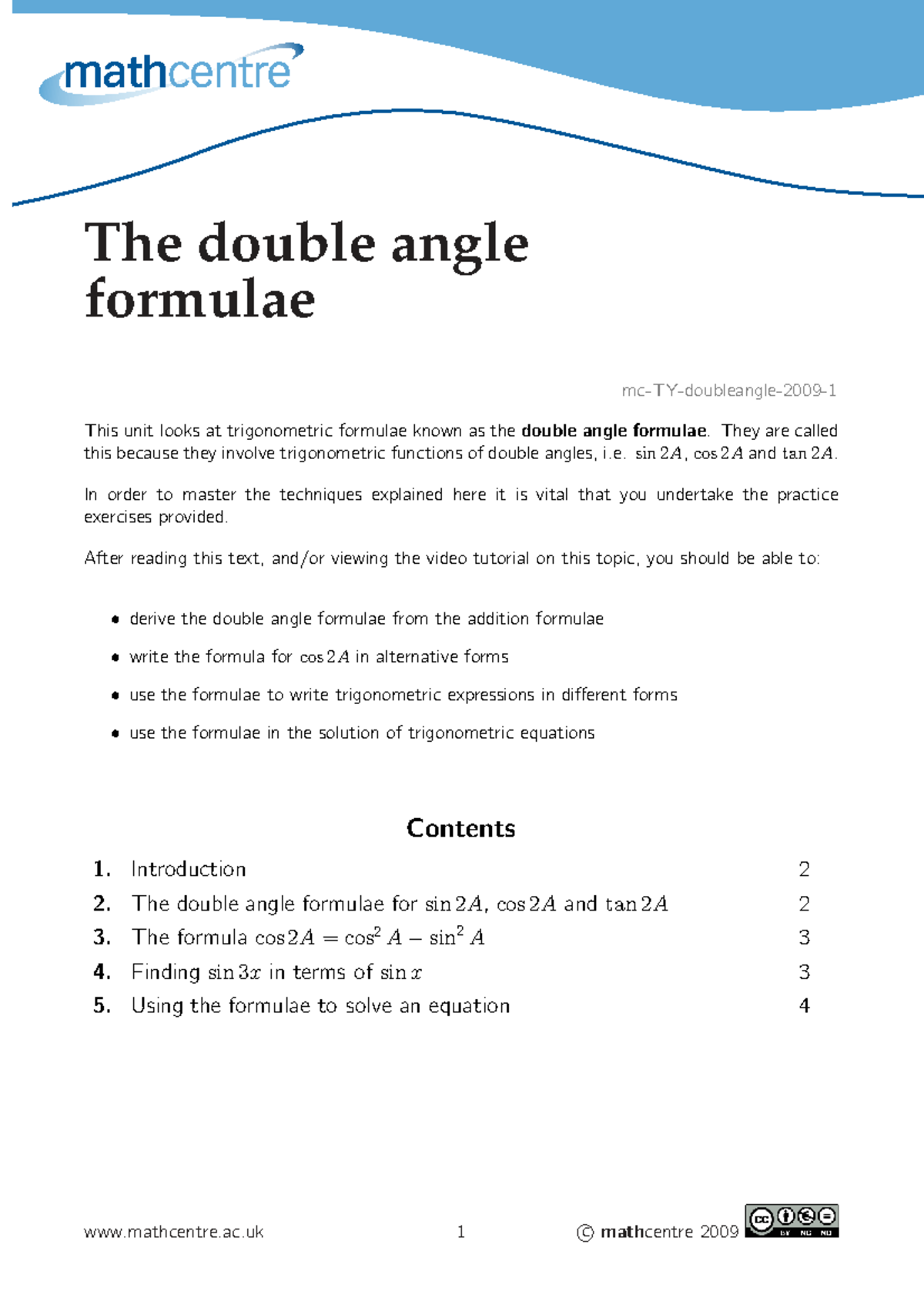 Double Angle Formulae in Trigonometry: Concepts & Applications (MATHC-2009) - Studocu