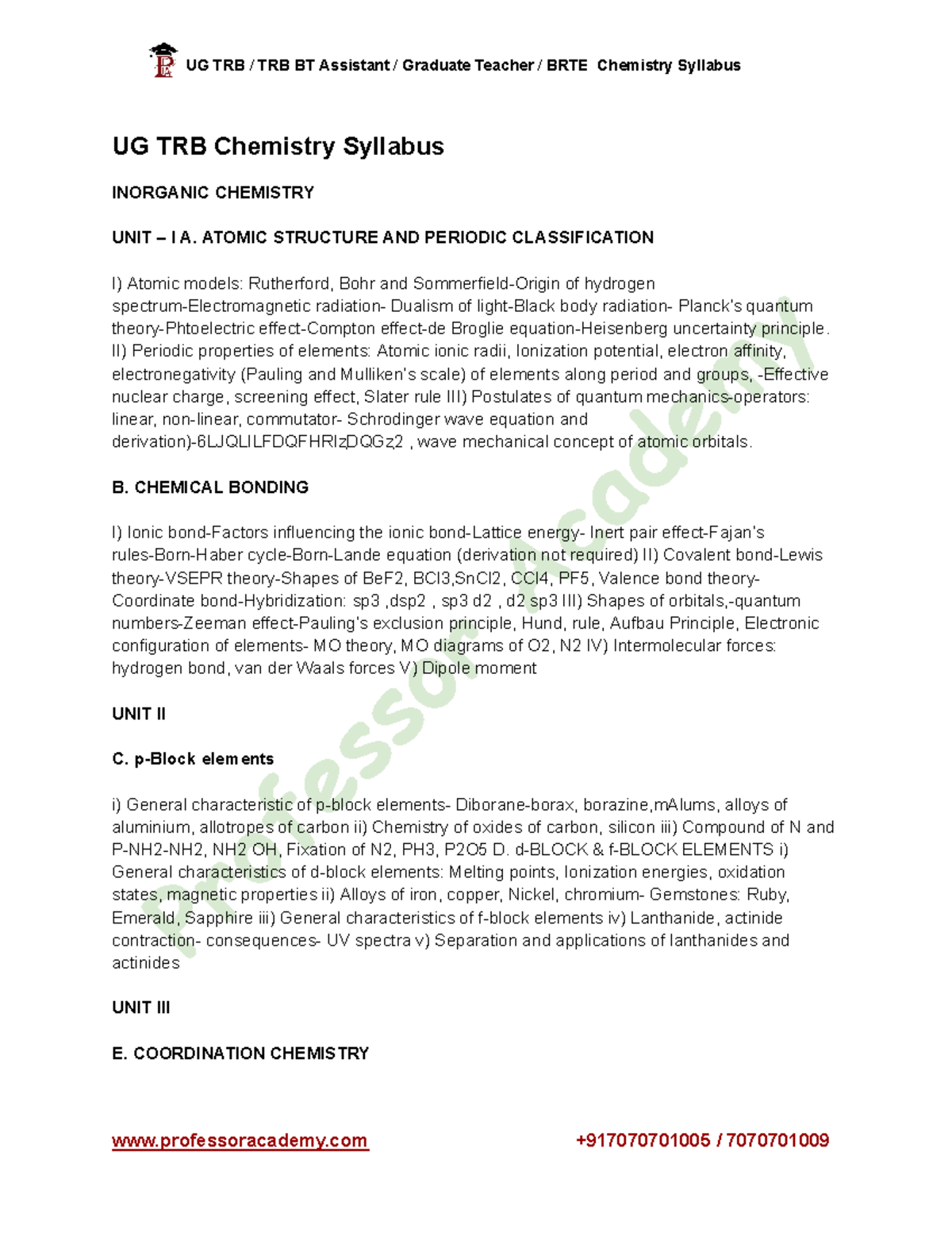UG TRB BT Assistant Graduate Teacher BRTE Chemistry Syllabus Overview ...