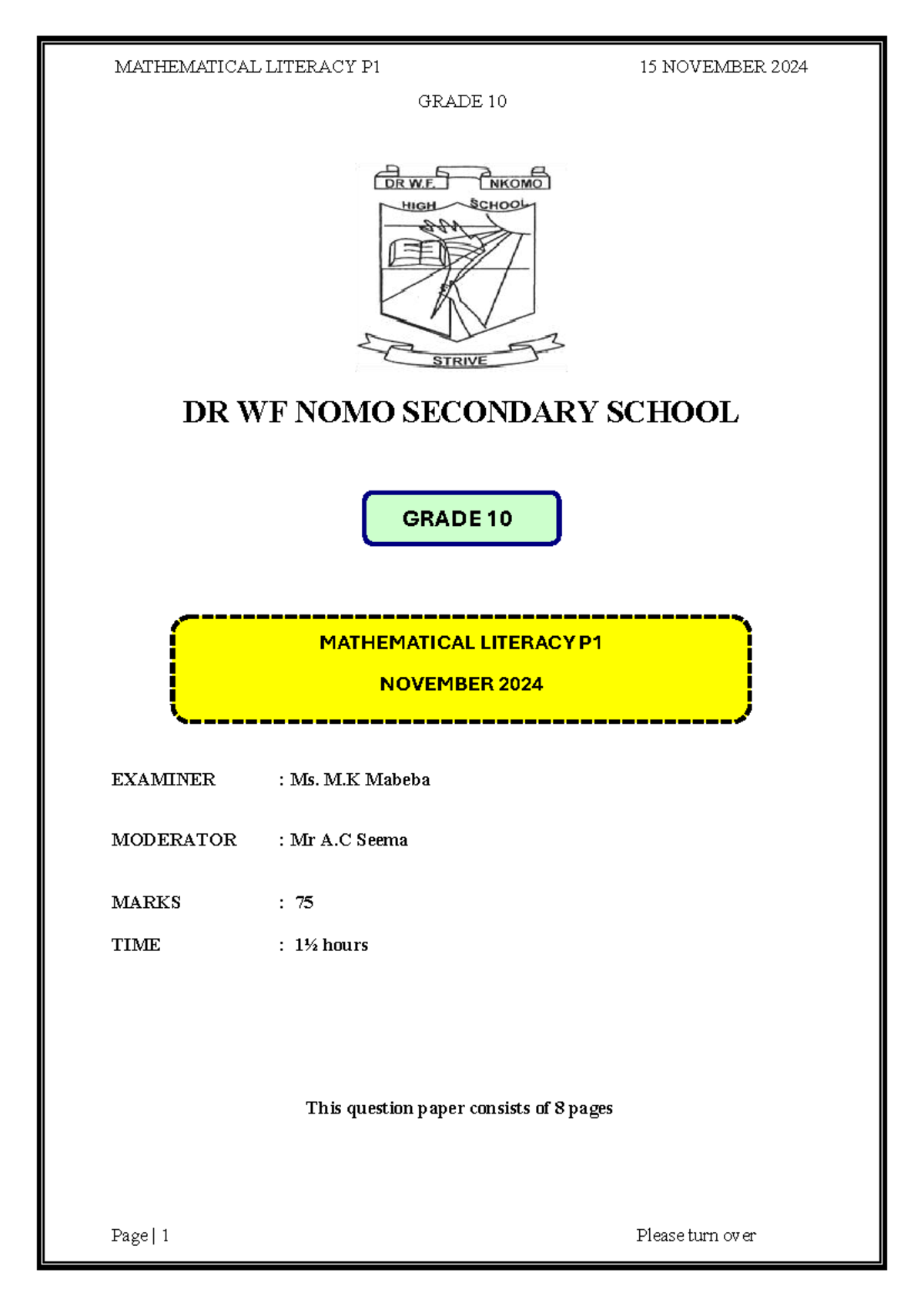 MLIT Grade 10 P1 Exam Paper - November 15, 2024 - Studocu