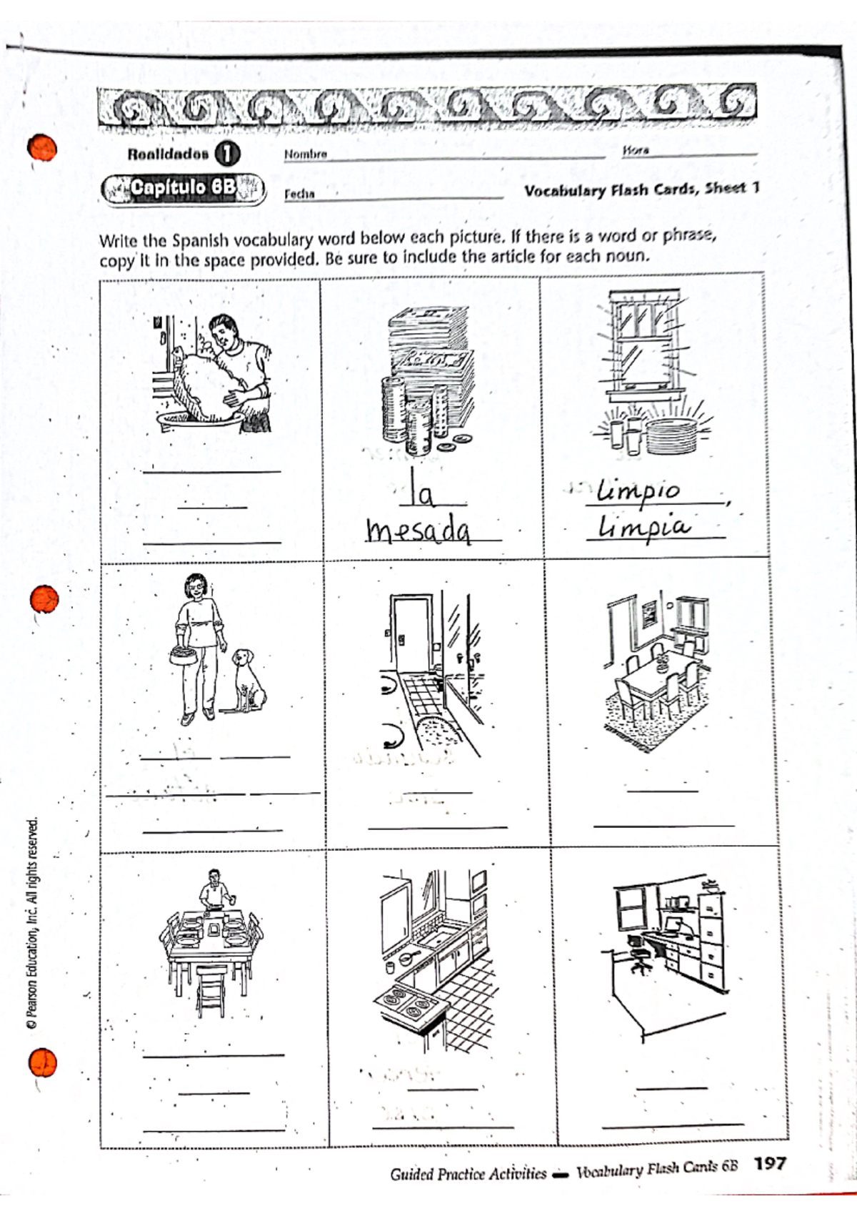 Vocabulario de Quehaceres - Realidades 1 Capítulo 6B Flash Cards - Studocu