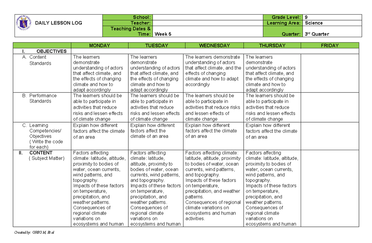 Science 9 Q3 Week 5 Daily Lesson Log and Activities - Studocu